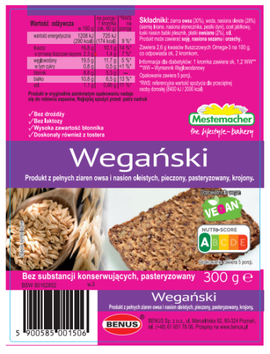 Benus chleb pełnoziarnisty wegański 300 g Megasam24.pl